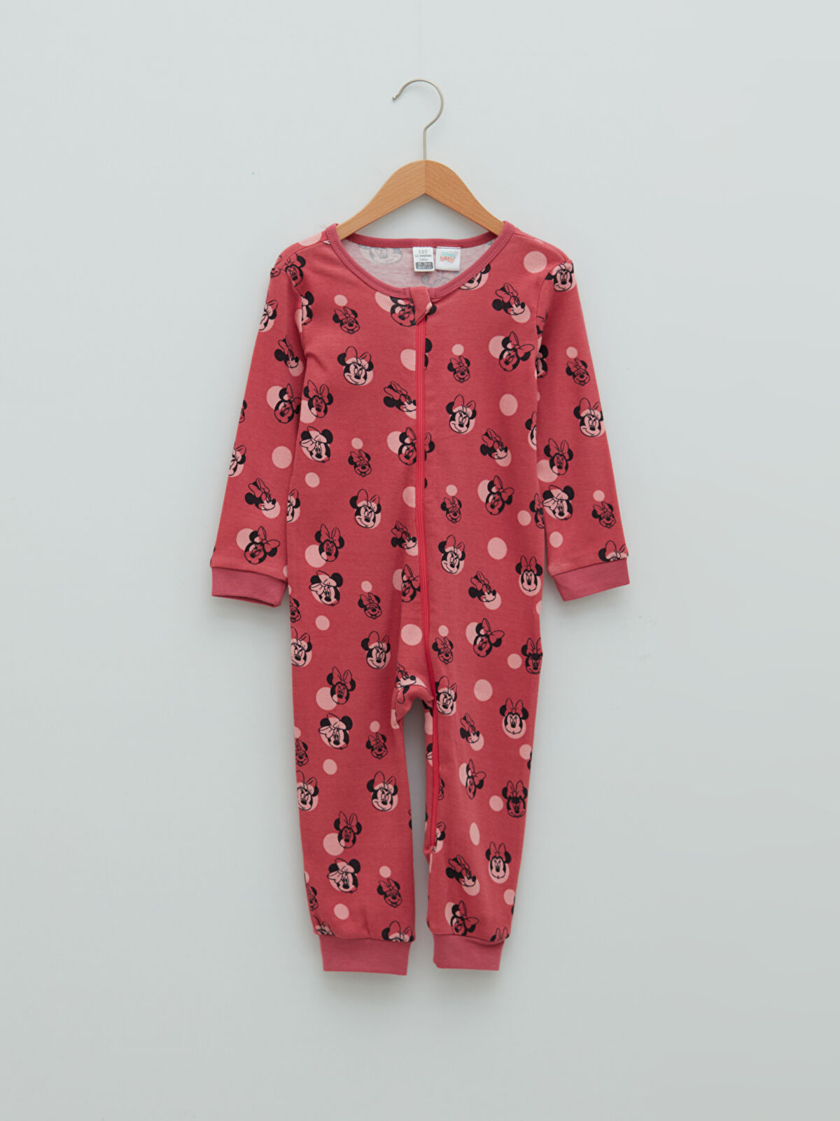 Bisiklet Yaka Uzun Kollu Minnie Mouse Baskılı Pamuklu Kız Bebek Fermuarlı Tulum