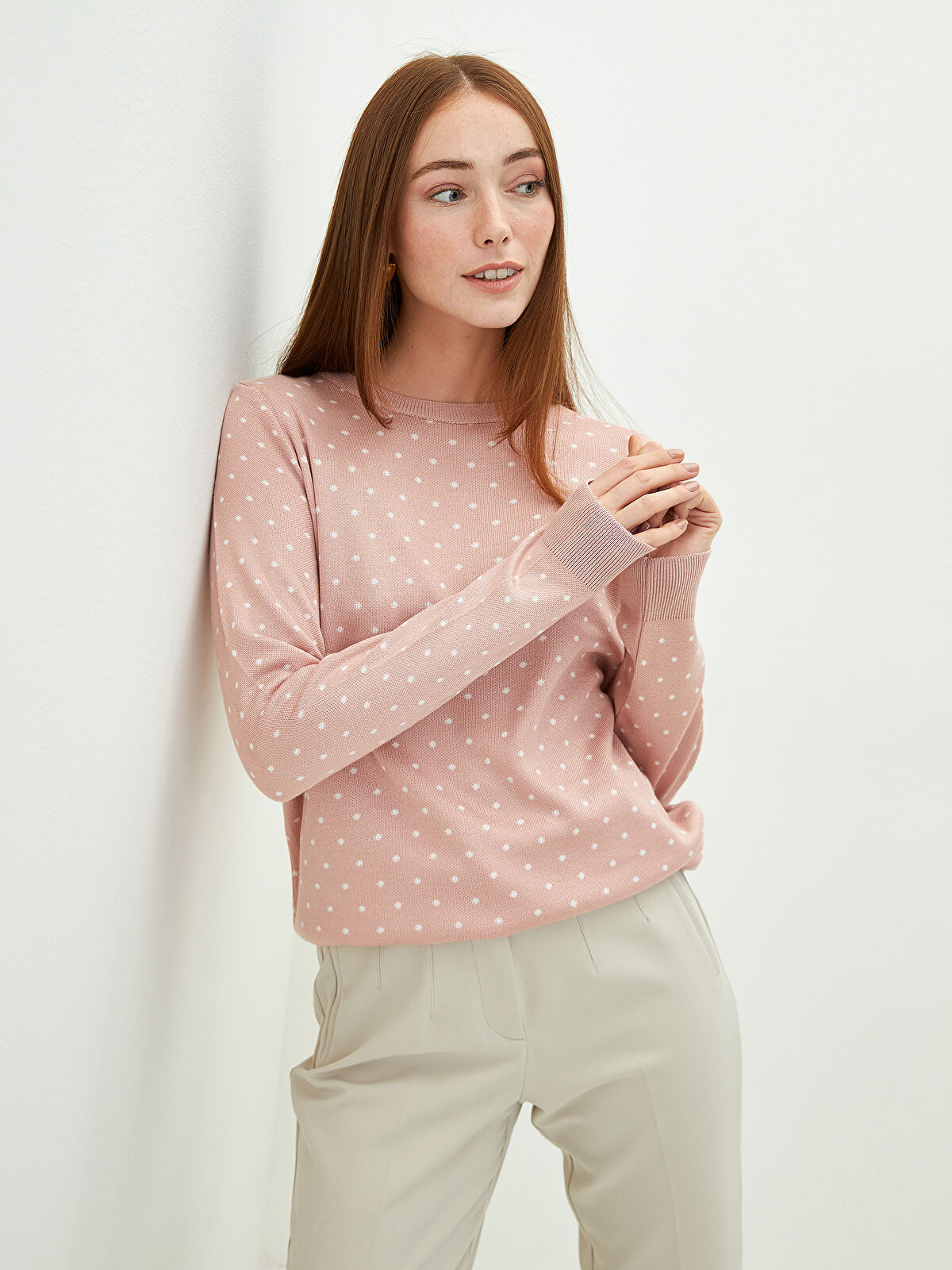 LCW BASİC Bisiklet Yaka Uzun Kollu Puantiye Desenli Kadın Triko Kazak