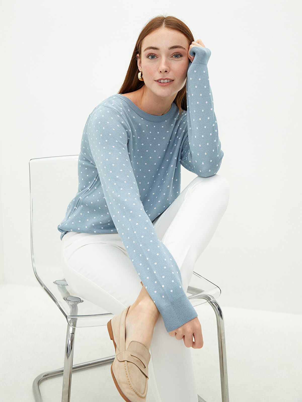 LCW BASİC Bisiklet Yaka Uzun Kollu Puantiye Desenli Kadın Triko Kazak