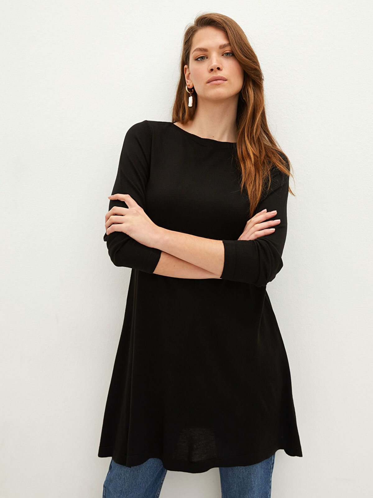 LCW BASIC Bisiklet Yaka Düz Uzun Kollu Kadın Triko Tunik