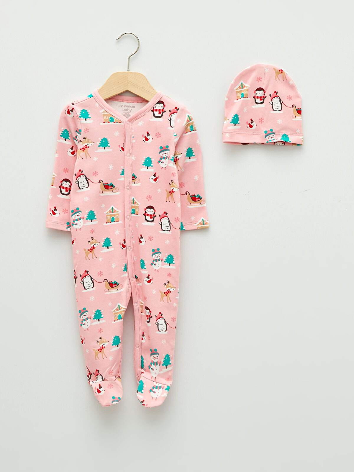 V Yaka Uzun Kollu Yılbaşı Temalı Kız Bebek Tulum ve Bere 2'li Takım