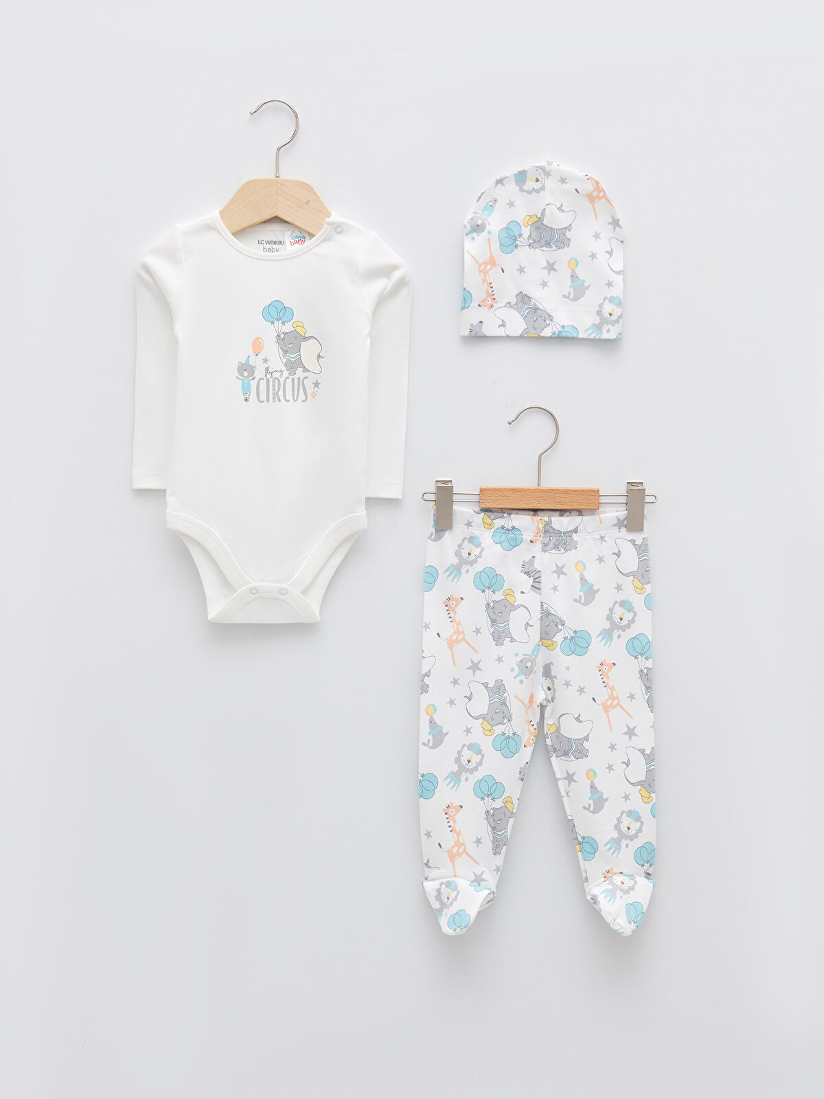 Bisiklet Yaka Uzun Kollu Dumbo Baskılı Pamuklu Kız Bebek 3'lü Takım