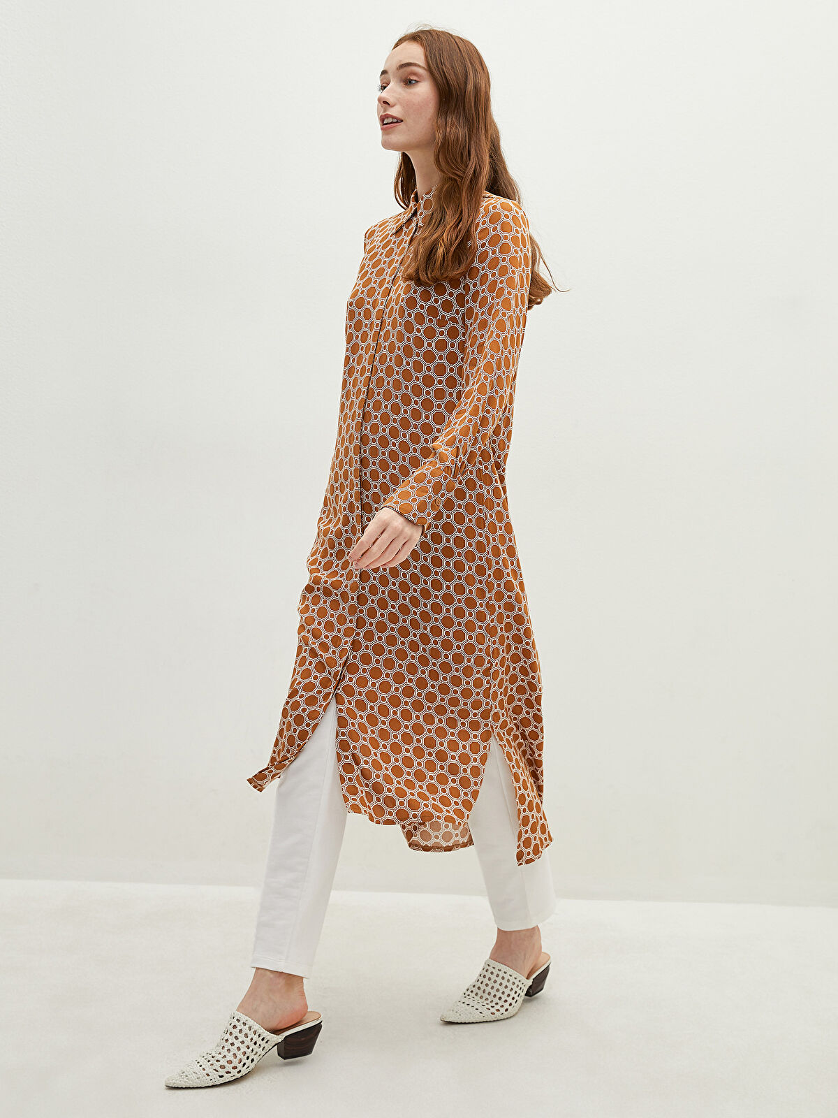 MODEST Düğmeli Gömlek Yaka Desenli Uzun Kollu Kadın Tunik