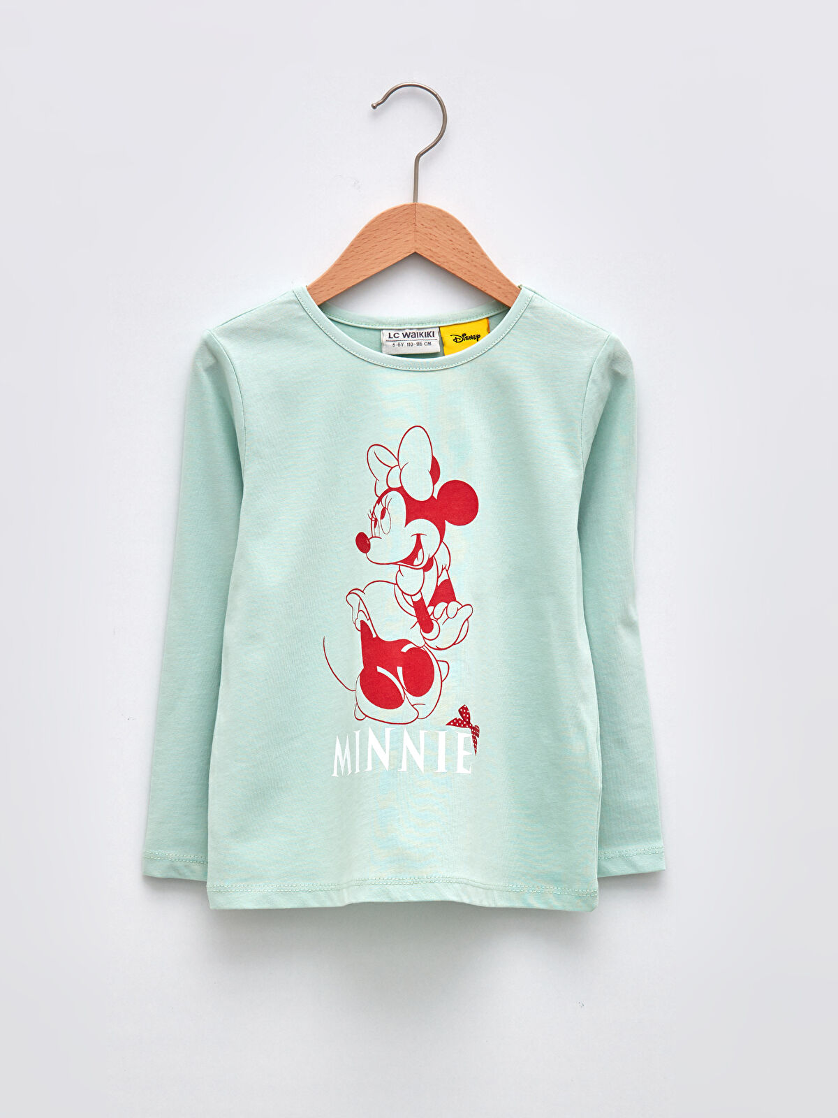 Bisiklet Yaka Minnie Mouse Baskılı Uzun Kollu Pamuklu Kız Çocuk Tişört