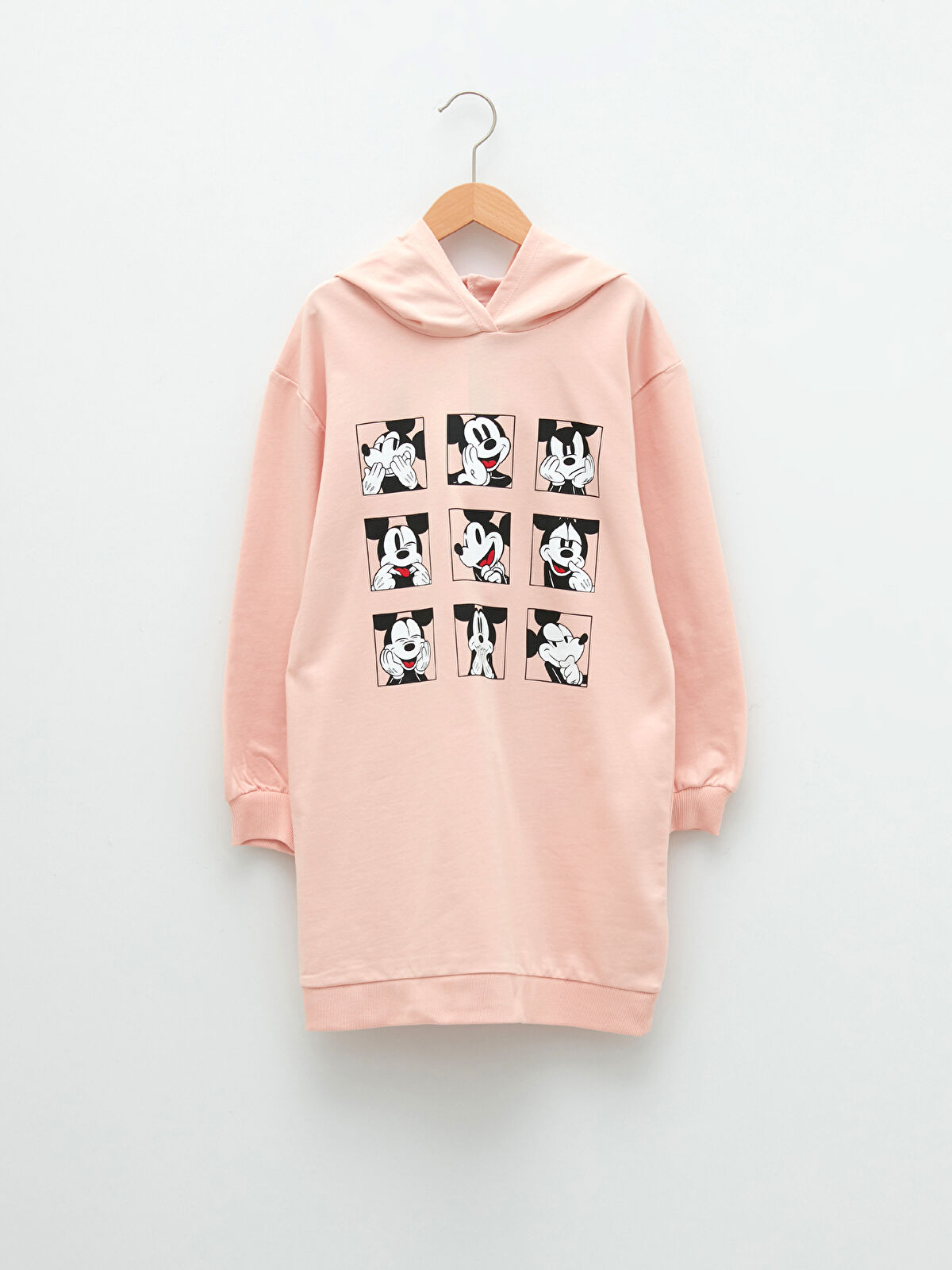 Kapüşonlu Mickey Mouse Baskılı Uzun Kollu Kız Çocuk Elbise