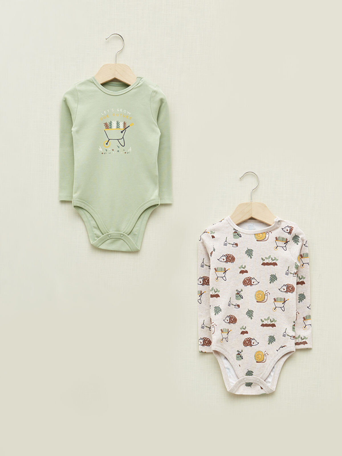 LCW GREEN Bisiklet Yaka Uzun Kollu Baskılı Organik Pamuklu Erkek Bebek Çıtçıtlı Body 2'li