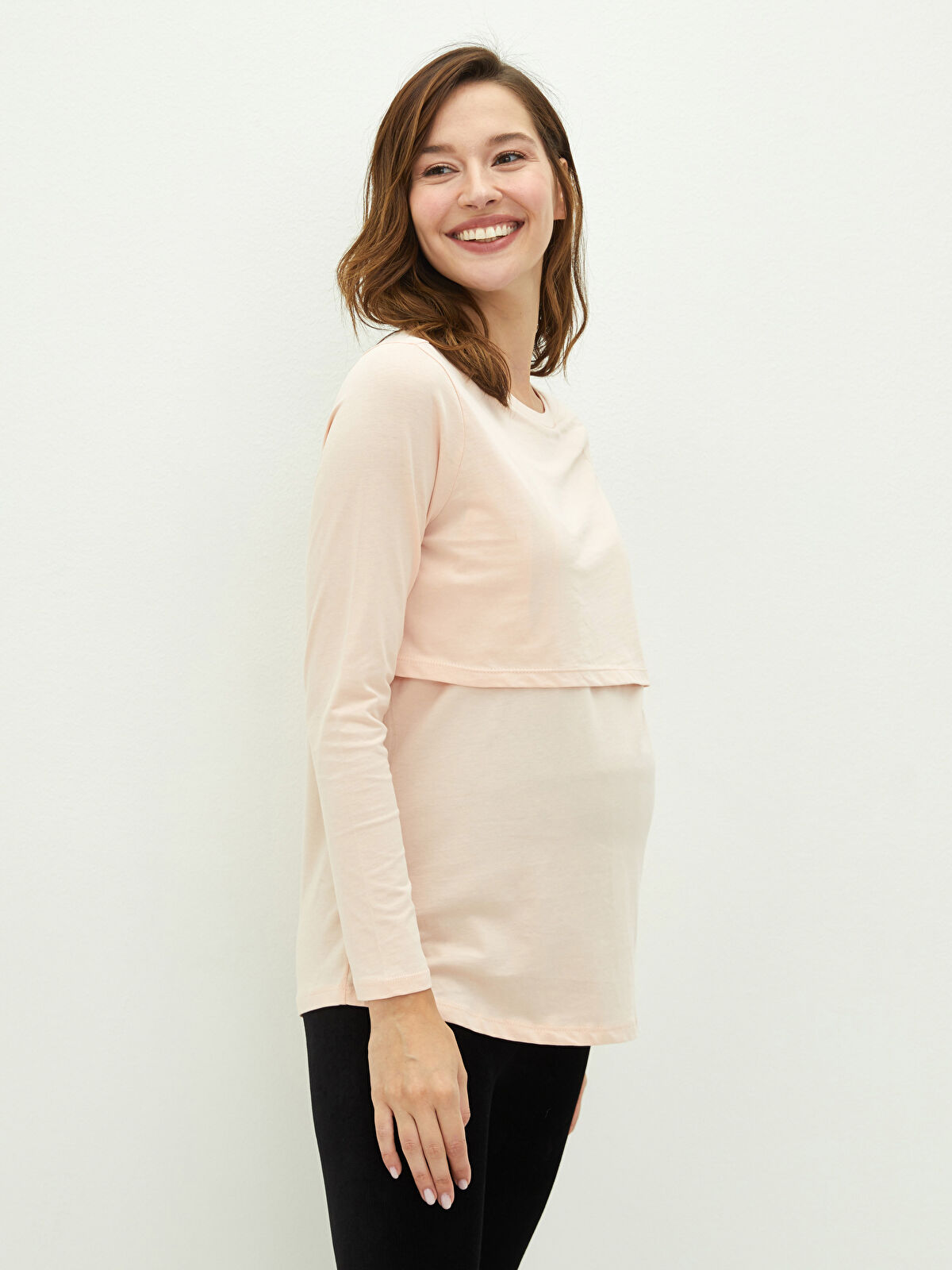 Bisiklet Yaka Düz Uzun Kollu Emzirme Özellikli Pamuklu Hamile Bluz