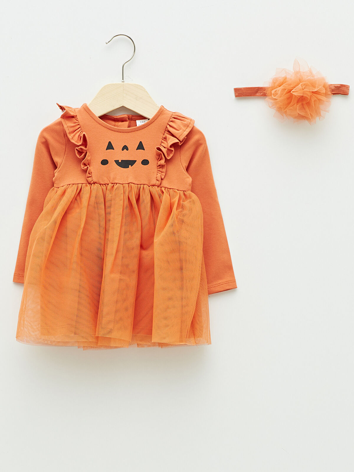 Bisiklet Yaka Uzun Kollu Baskılı Kız Bebek Tül Etekli Elbise ve Saç Bandı 2'li Takım