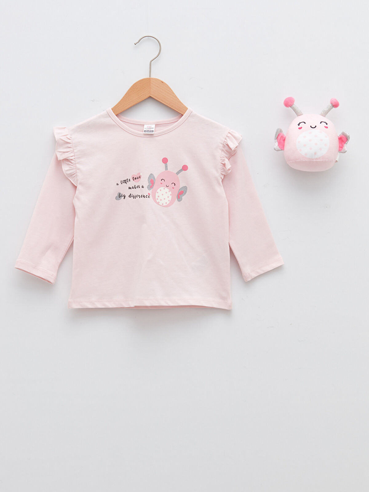 Bisiklet Yaka Uzun Kollu Baskılı Kız Bebek Tişört ve Oyuncak 2'li Takım