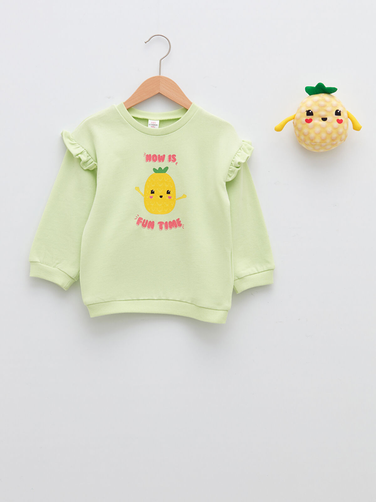 Bisiklet Yaka Uzun Kollu Baskılı Pamuklu Kız Bebek Sweatshirt ve Oyuncak 2'li