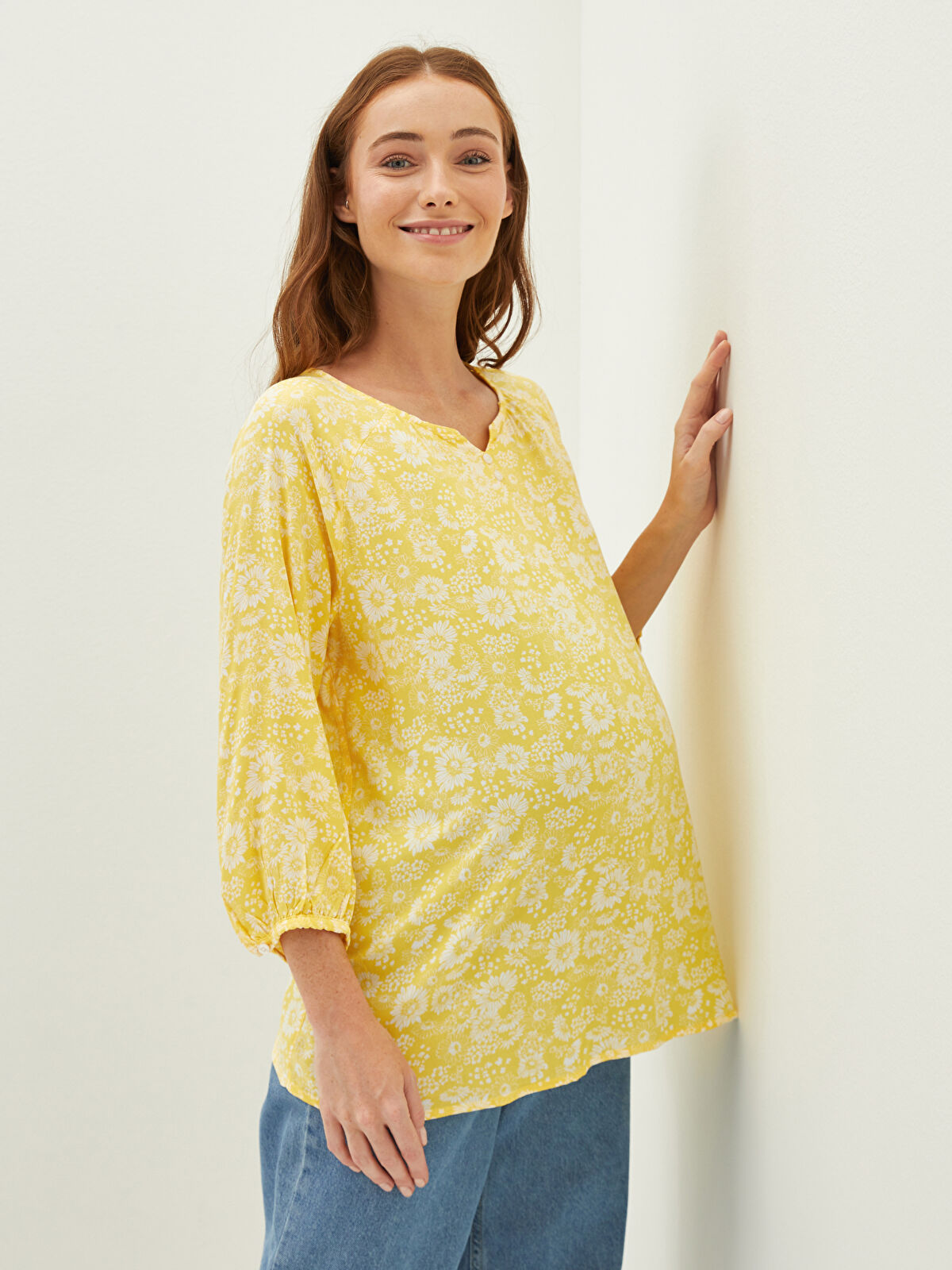 Kaçık Yaka Çiçek Baskılı Uzun Kollu Viskon Kadın Bluz