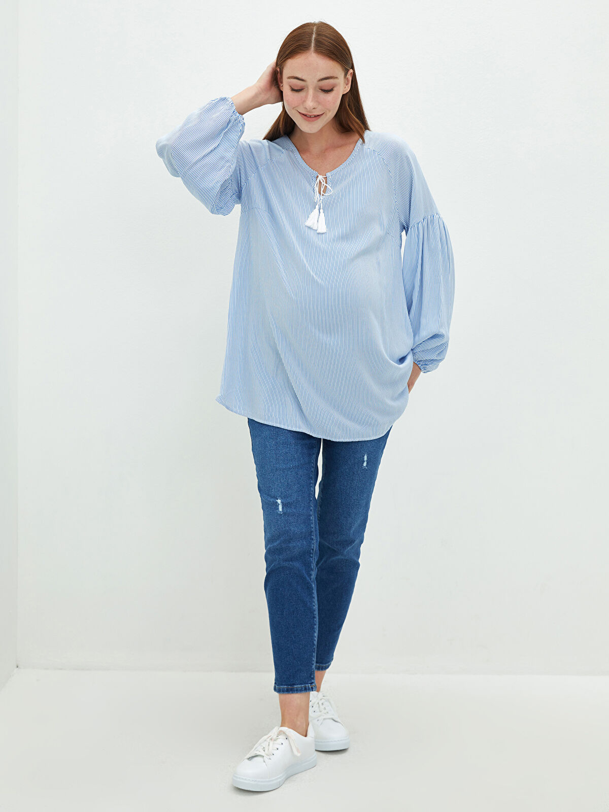 Bağlamalı Yaka Çizgili Uzun Kollu Viskon Hamile Bluz