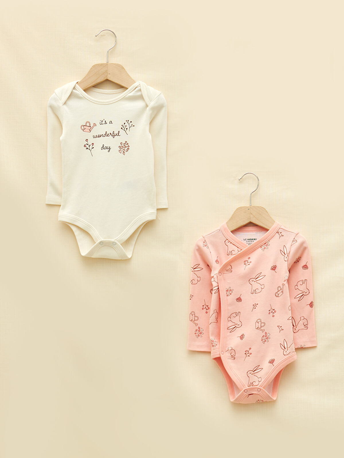 LCW GREEN Uzun Kollu Baskılı Organik Pamuklu Kız Bebek Çıtçıtlı Body 2'li