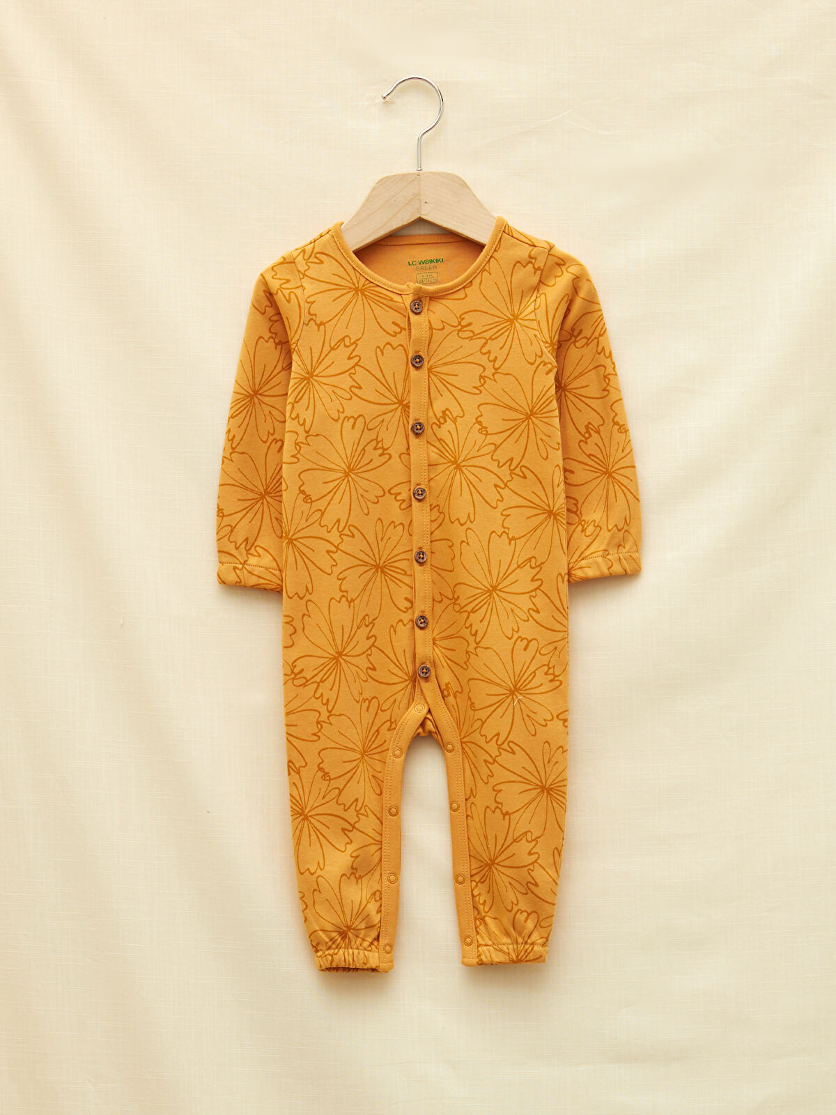 LCW GREEN Bisiklet Yaka Uzun Kollu Desenli Organik Pamuklu Kız Bebek Tulum