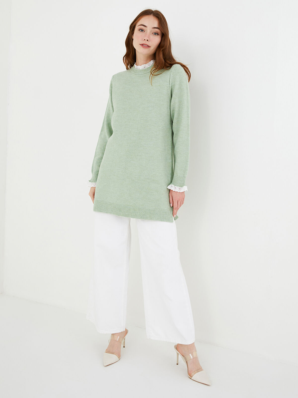 MODEST Bisiklet Yaka Dantel Detaylı Uzun Kollu Kadın Triko Tunik