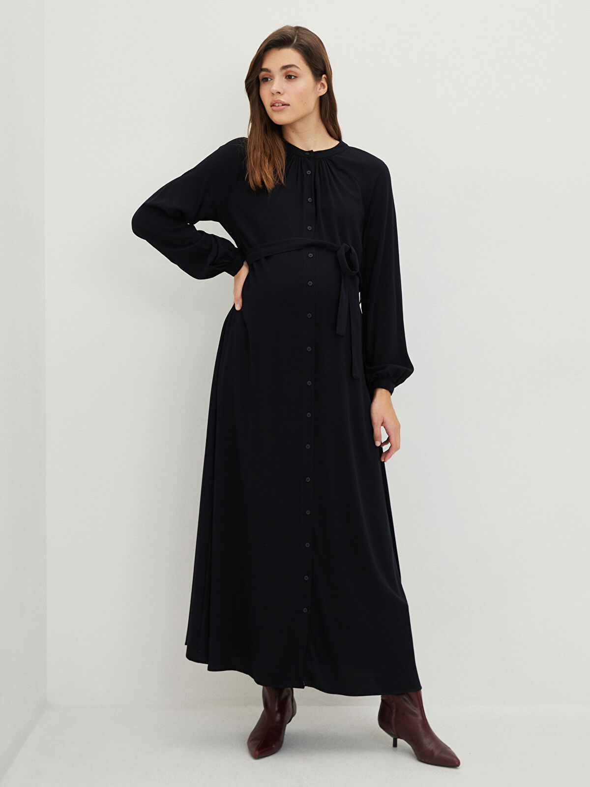 Hakim Yaka Düz Uzun Kollu A Kesim Tencel Kumaş Hamile Elbise