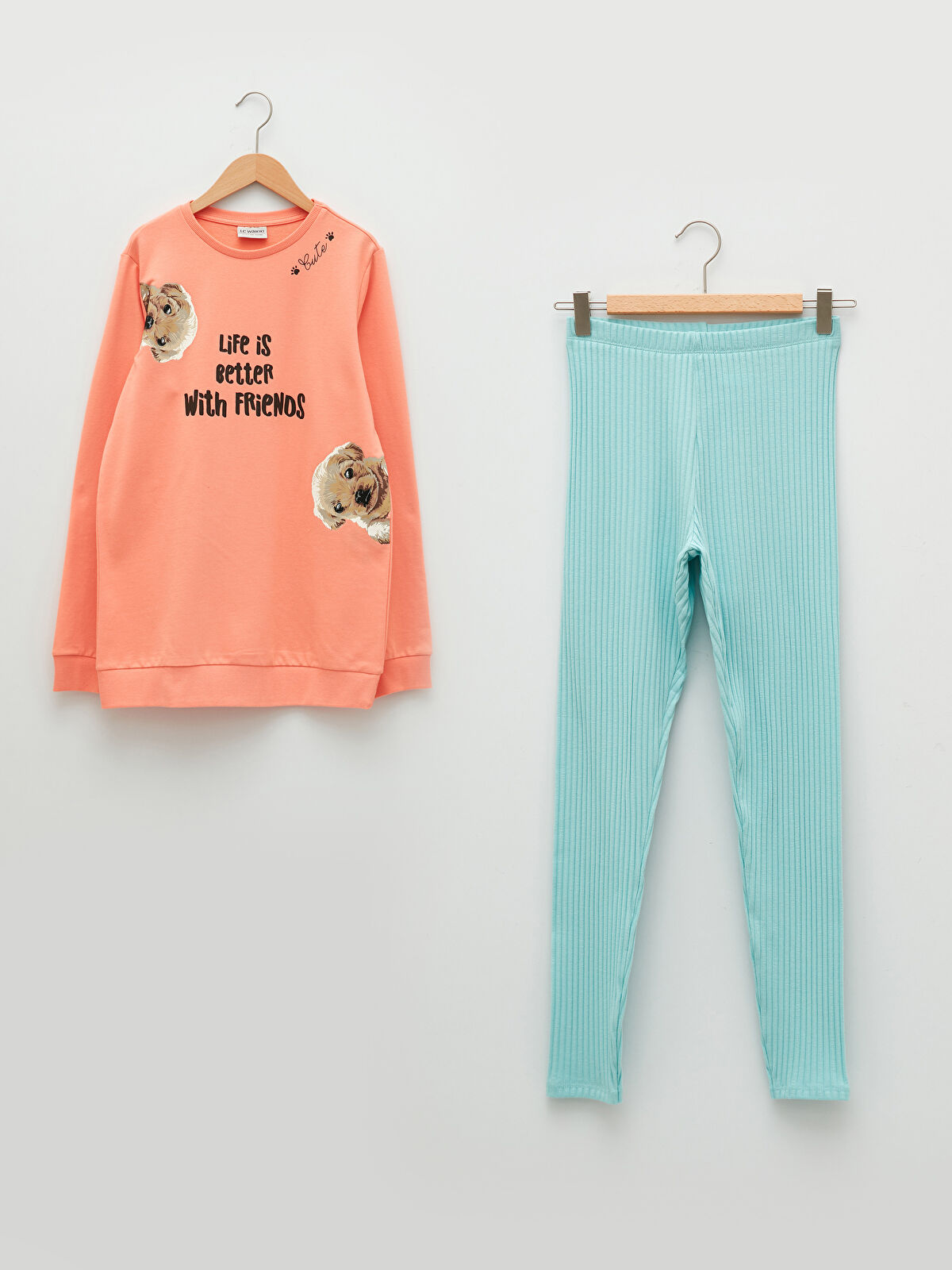 Bisiklet Yaka Baskılı Uzun Kollu Oversize Kız Çocuk Sweatshirt ve Tayt