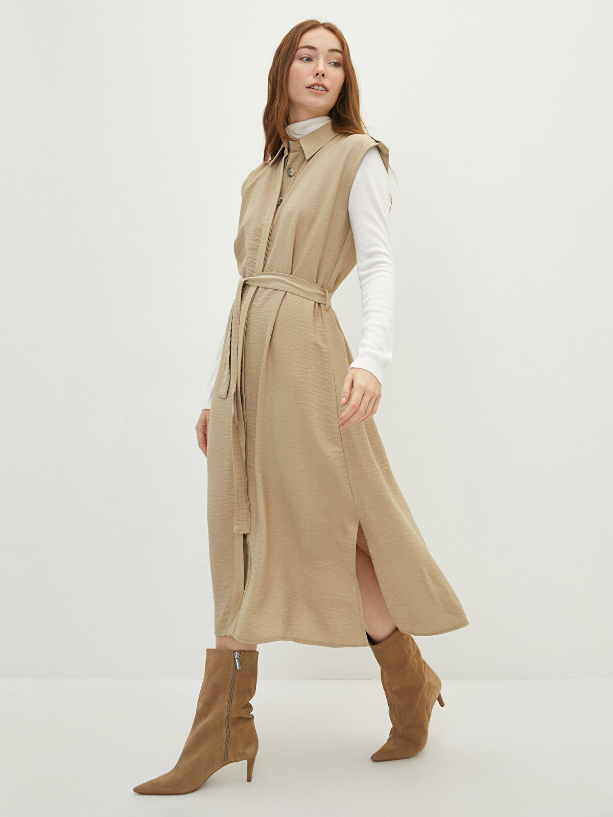 LCW CLASSIC Gömlek Yaka Düz Kolsuz Beli Kuşaklı Kadın Elbise