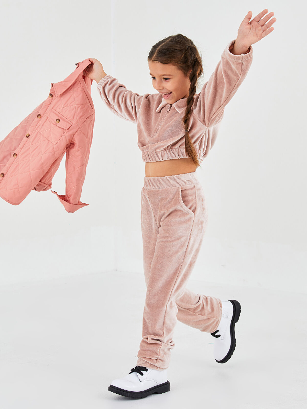 Polo Yaka Basic Uzun Kollu Kadife Kız Çocuk Sweatshirt ve Eşofman Altı