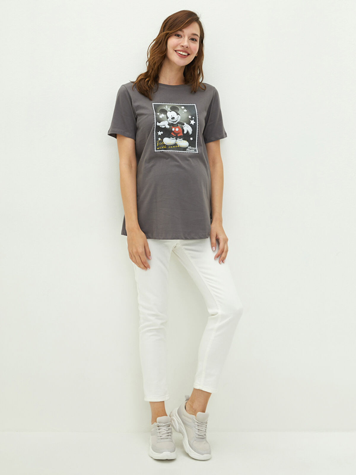 Bisiklet Yaka Mickey Mouse Baskılı Kısa Kollu A Kesim Pamuklu Kadın Tişört