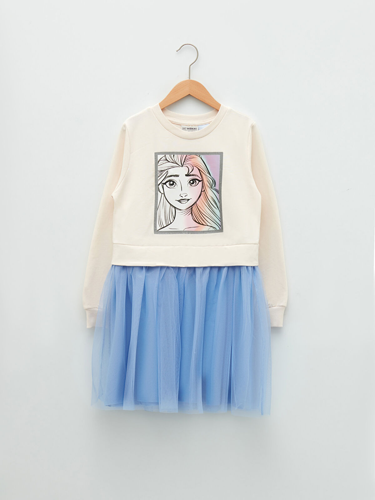 Bisiklet Yaka Elsa Baskılı Uzun Kollu Kız Çocuk Elbise