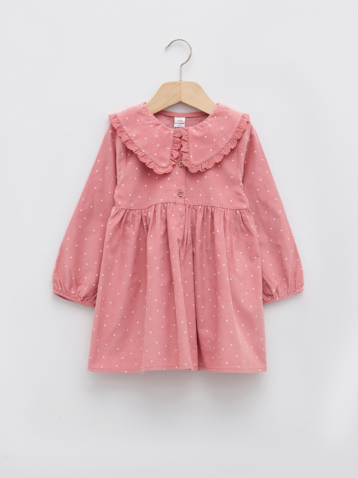 Bebe Yaka Uzun Kollu Desenli Kadife Kız Bebek Elbise