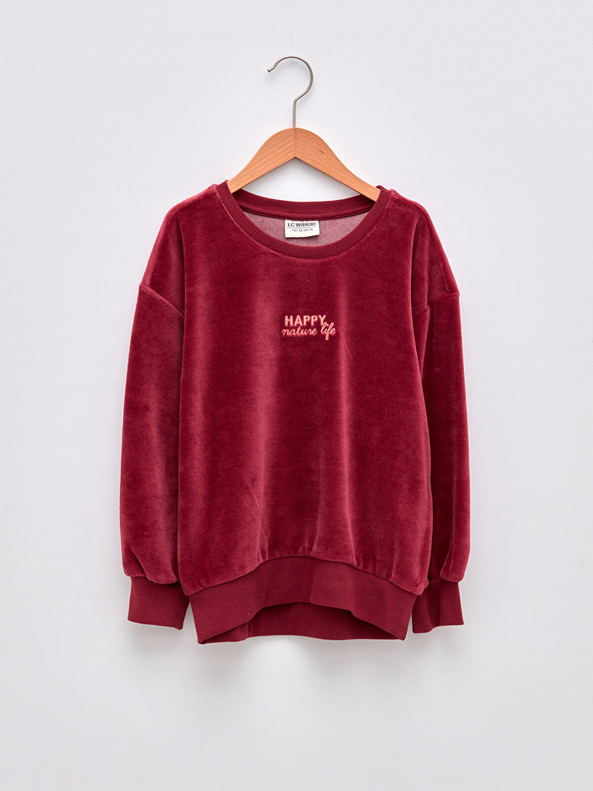 Bisiklet Yaka Nakış Detaylı Uzun Kollu Kadife Kız Çocuk Sweatshirt