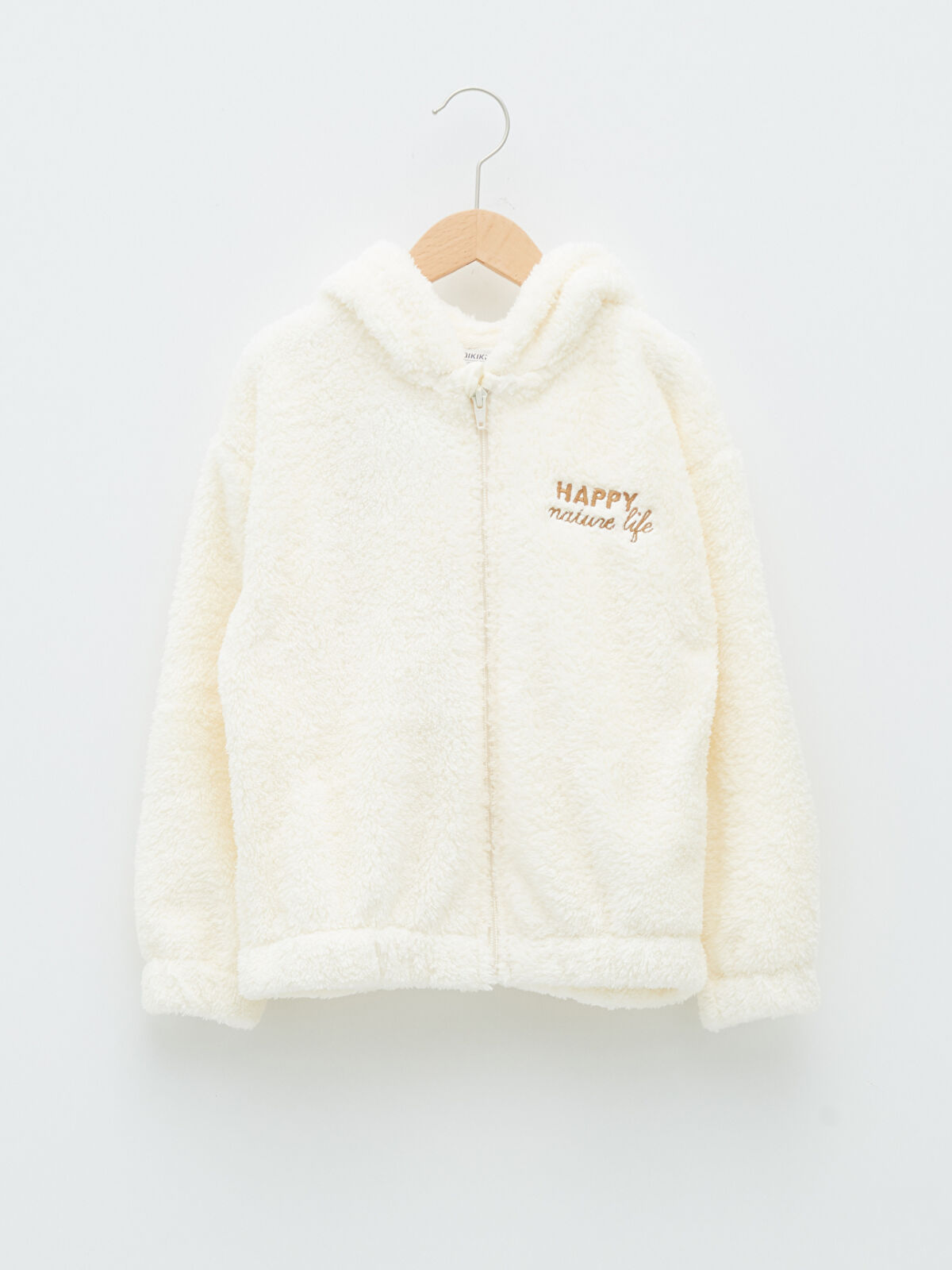 Kapüşonlu Nakış Detaylı Uzun Kollu Pelüş Kız Çocuk Fermuarlı Sweatshirt