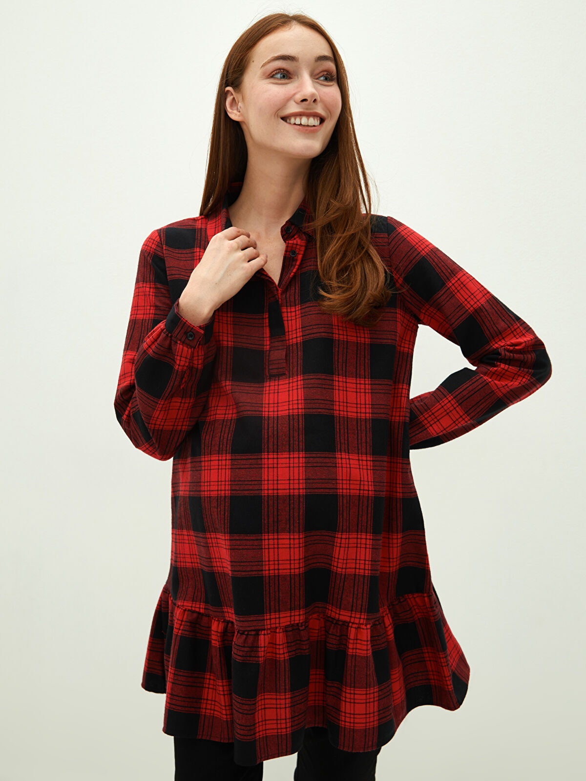 Gömlek Yaka Ekose Uzun Kollu Gabardin Kumaş Hamile Tunik