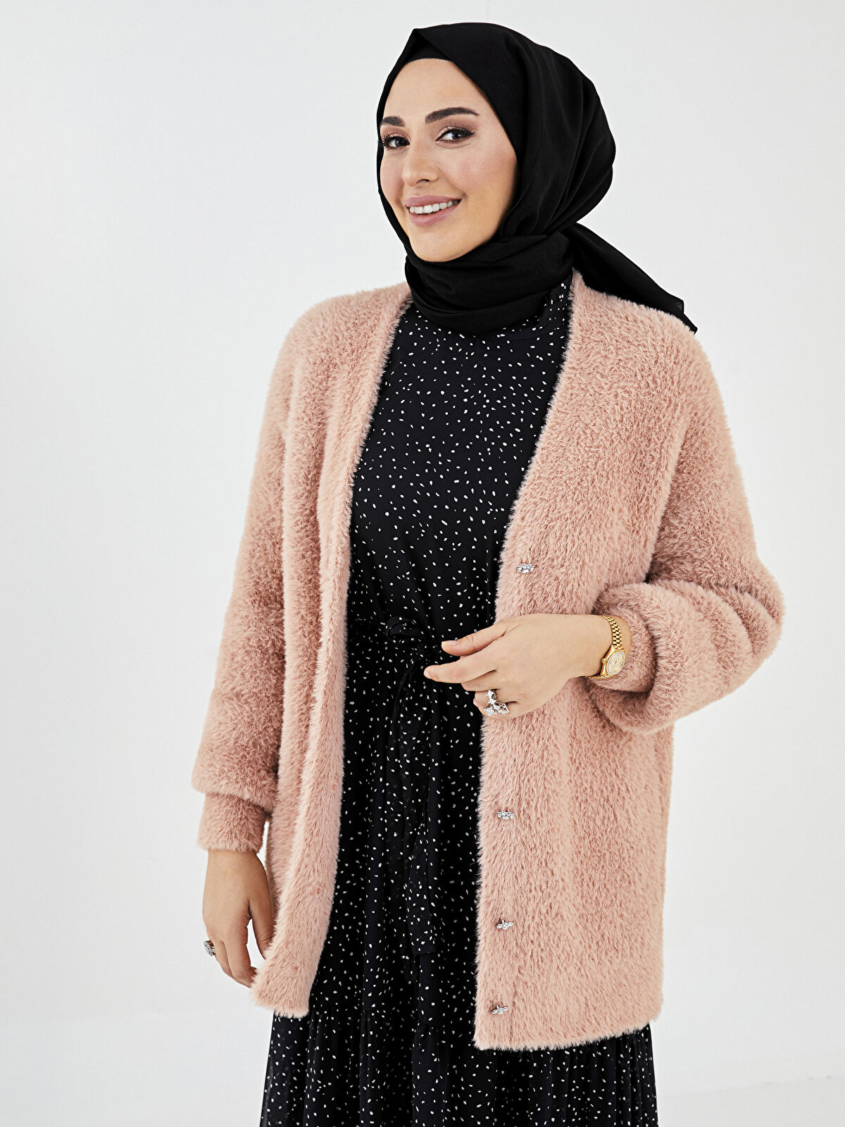 MODEST Şal Yaka Tüylü Uzun Kollu Kadın Triko Hırka