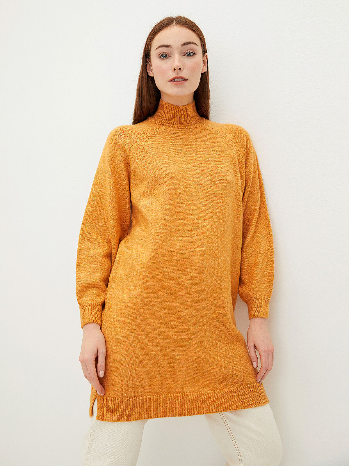 MODEST Yarım Balıkçı Yaka Düz Uzun Kollu Oversize Kadın Triko Tunik