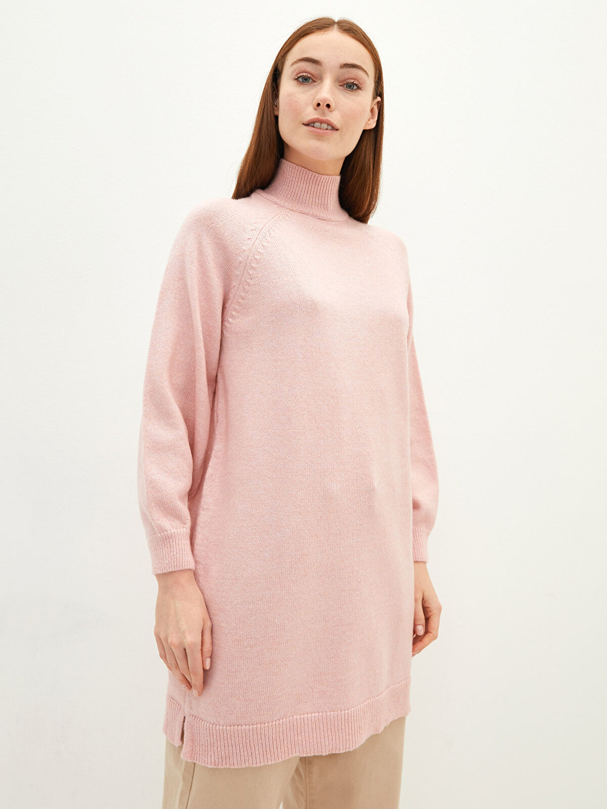 MODEST Yarım Balıkçı Yaka Düz Uzun Kollu Oversize Kadın Triko Tunik