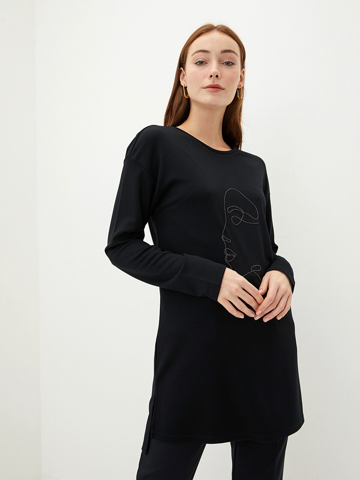 LCW CLASSIC Bisiklet Yaka Nakışlı Uzun Kollu Kadın Tunik