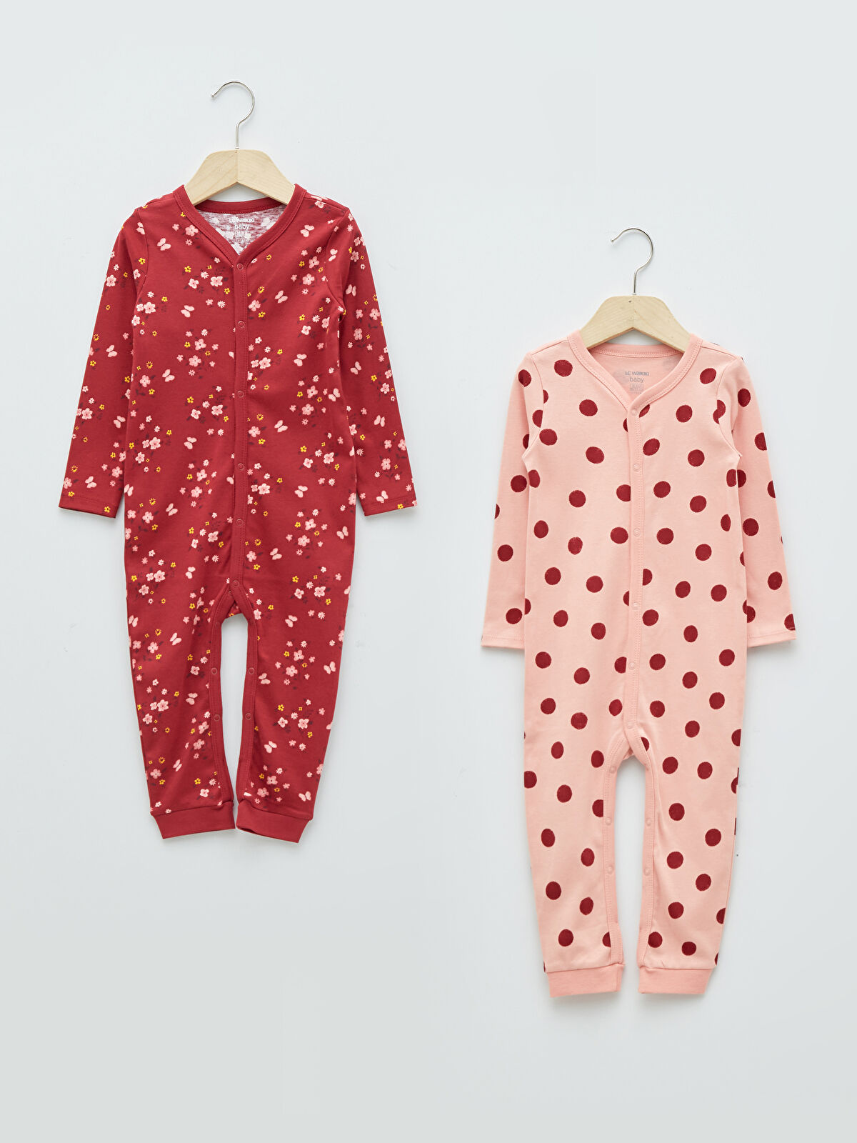 V Yaka Uzun Kollu  Pamuklu Kız Bebek Tulum 2'li