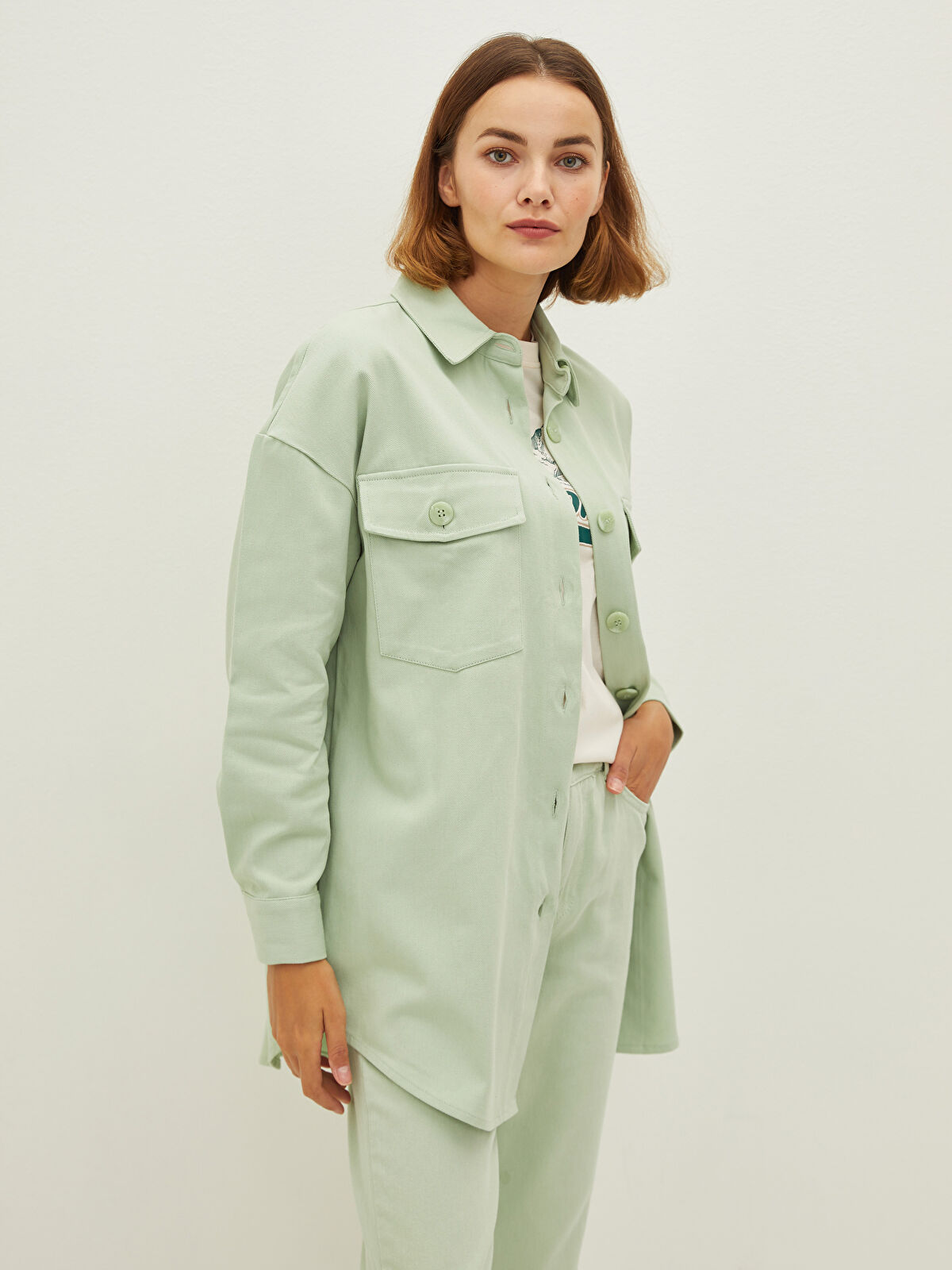 MODEST Gömlek Yaka Düz Uzun Kollu Oversize Gabardin Kadın Tunik