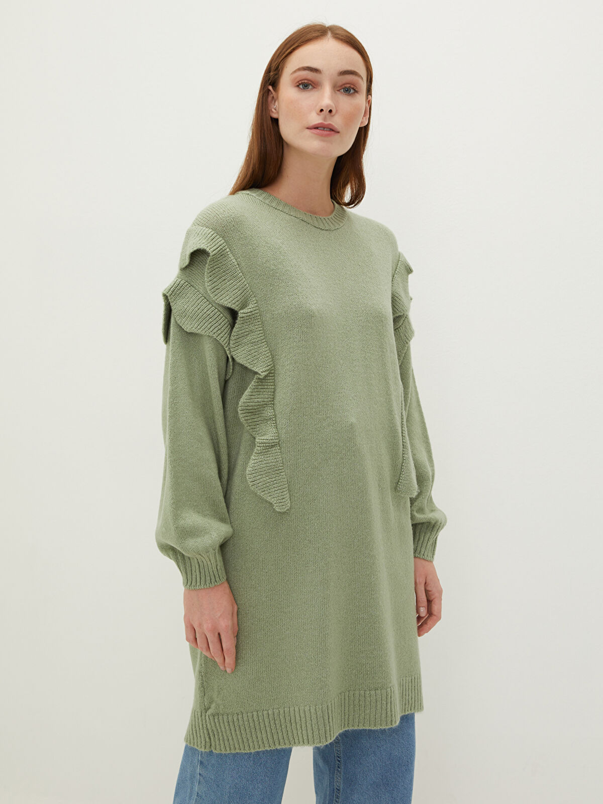 MODEST Bisiklet Yaka Fırfır Detaylı Uzun Kollu Kadın Triko Tunik