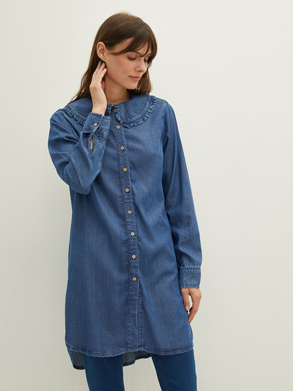 LCW CLASSIC Bebe Yaka Düz Uzun Kollu Kadın Jean Tunik