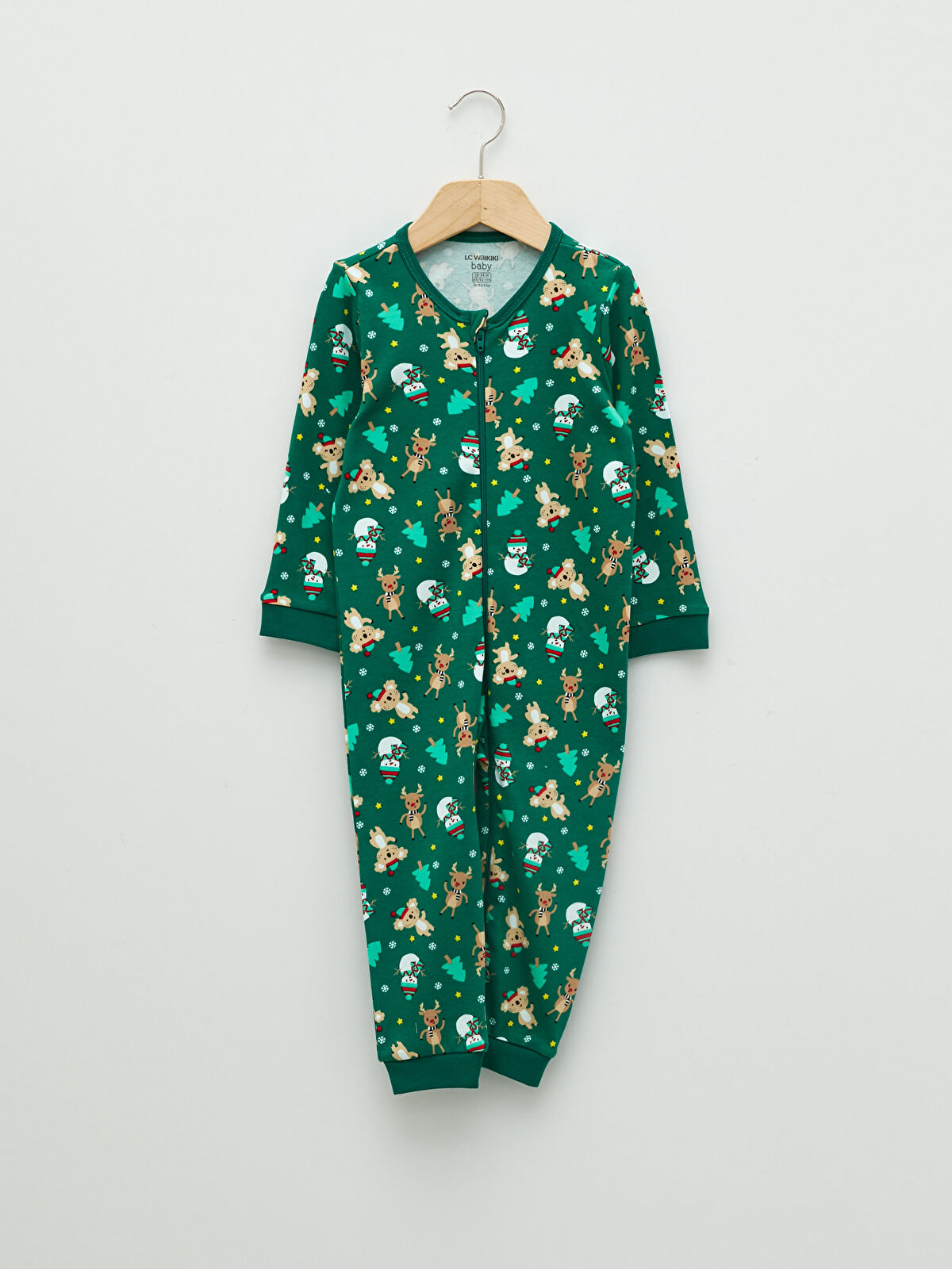 Bisiklet Yaka Uzun Kollu Yılbaşı Temalı Pamuklu Erkek Bebek Fermuarlı Tulum