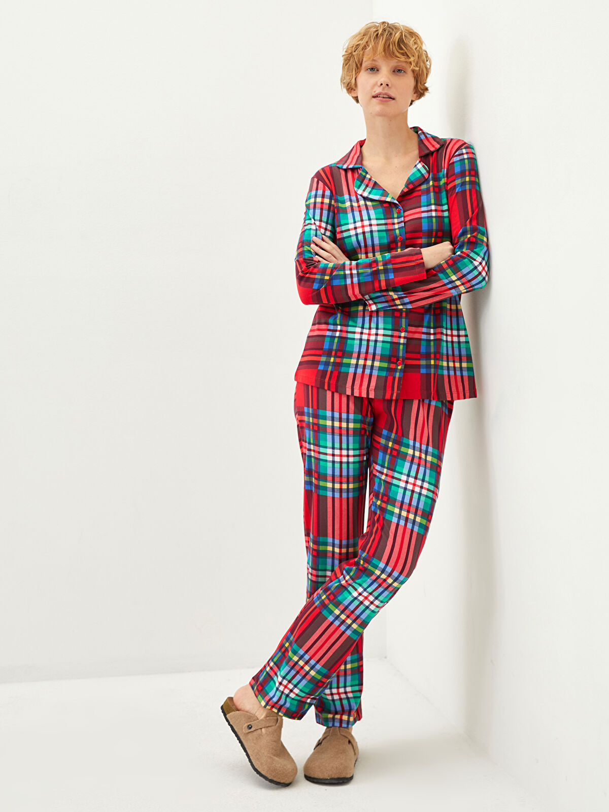 LCW DREAM Gömlek Yaka Ekose Uzun Kollu Pamuklu Kadın Pijama Takımı