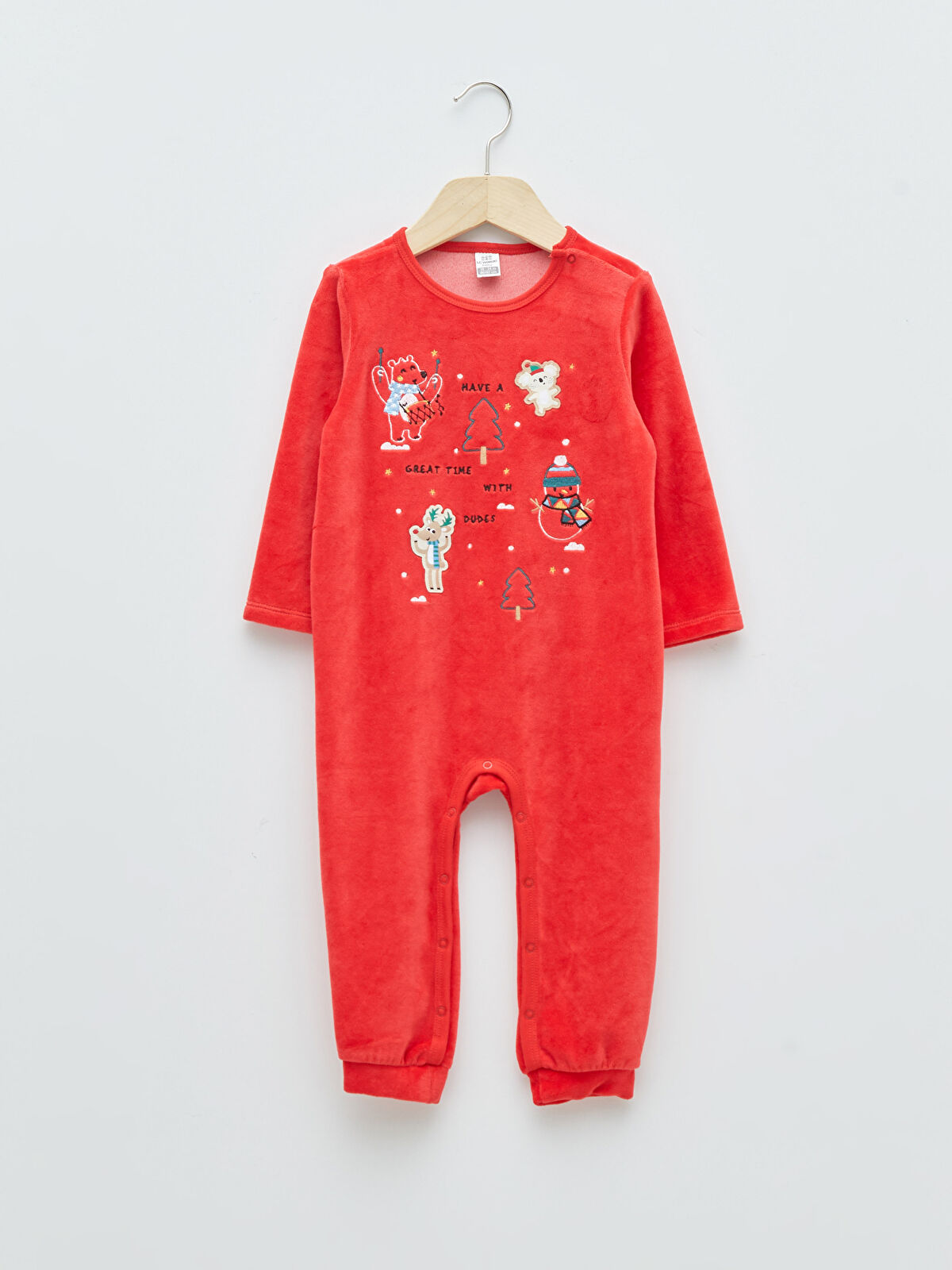 Bisiklet Yaka Uzun Kollu Yılbaşı Temalı Kadife Erkek Bebek Tulum