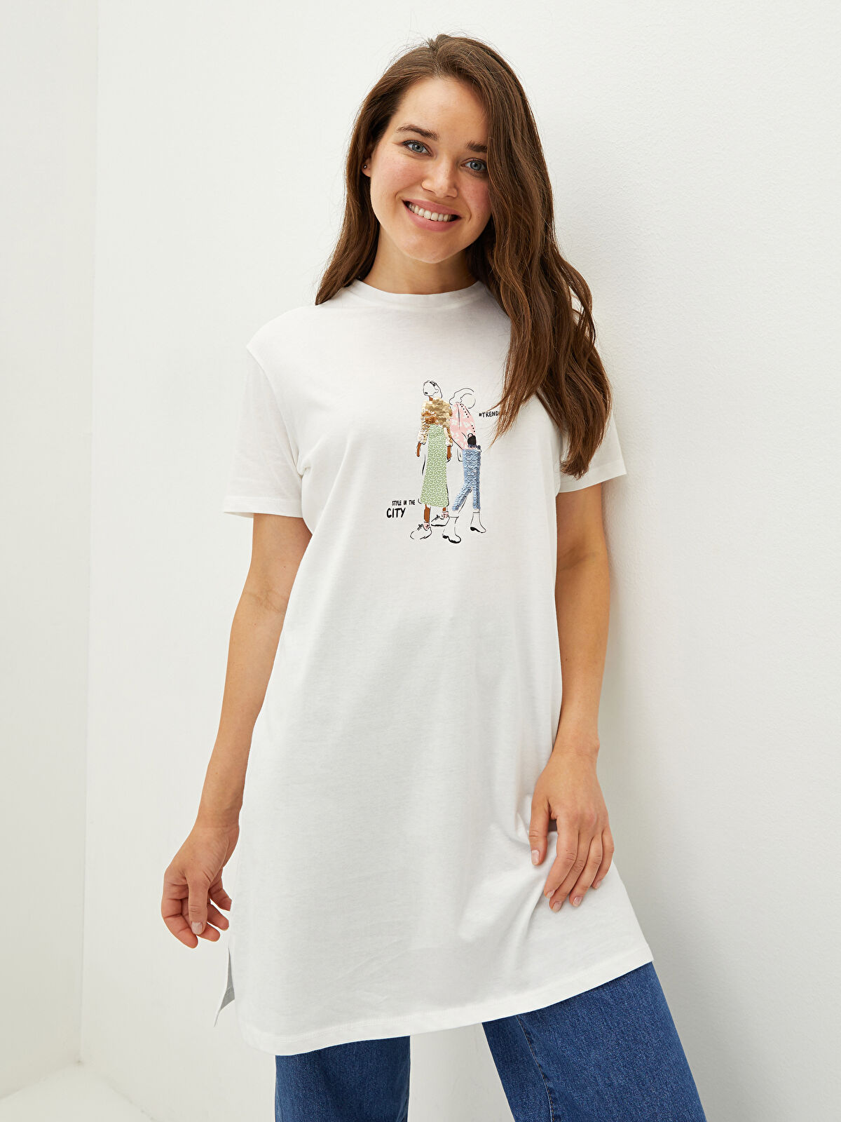 MODEST Bisiklet Yaka Pul Payet Baskılı Kısa Kollu Pamuklu Kadın Tunik