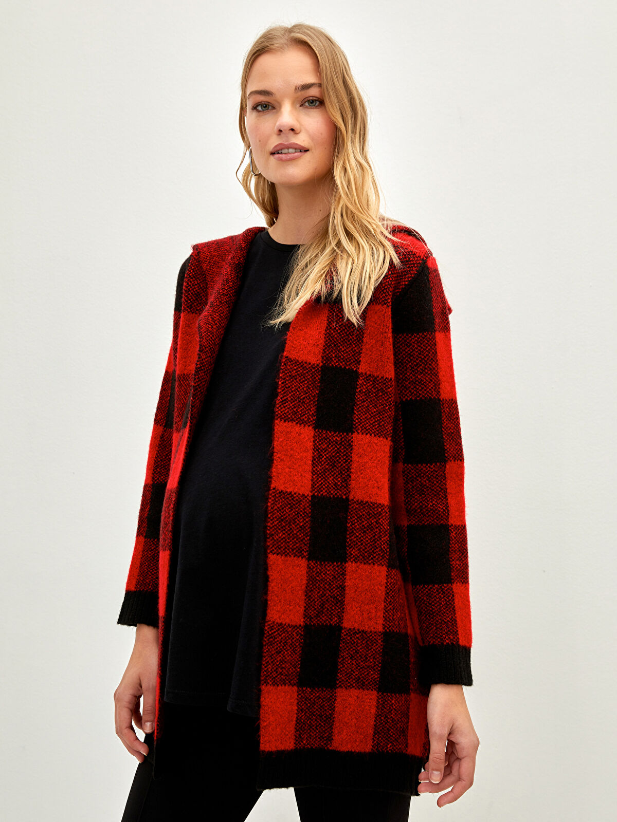 Kapüşonlu Ekose Uzun Kollu Hamile Triko Hırka