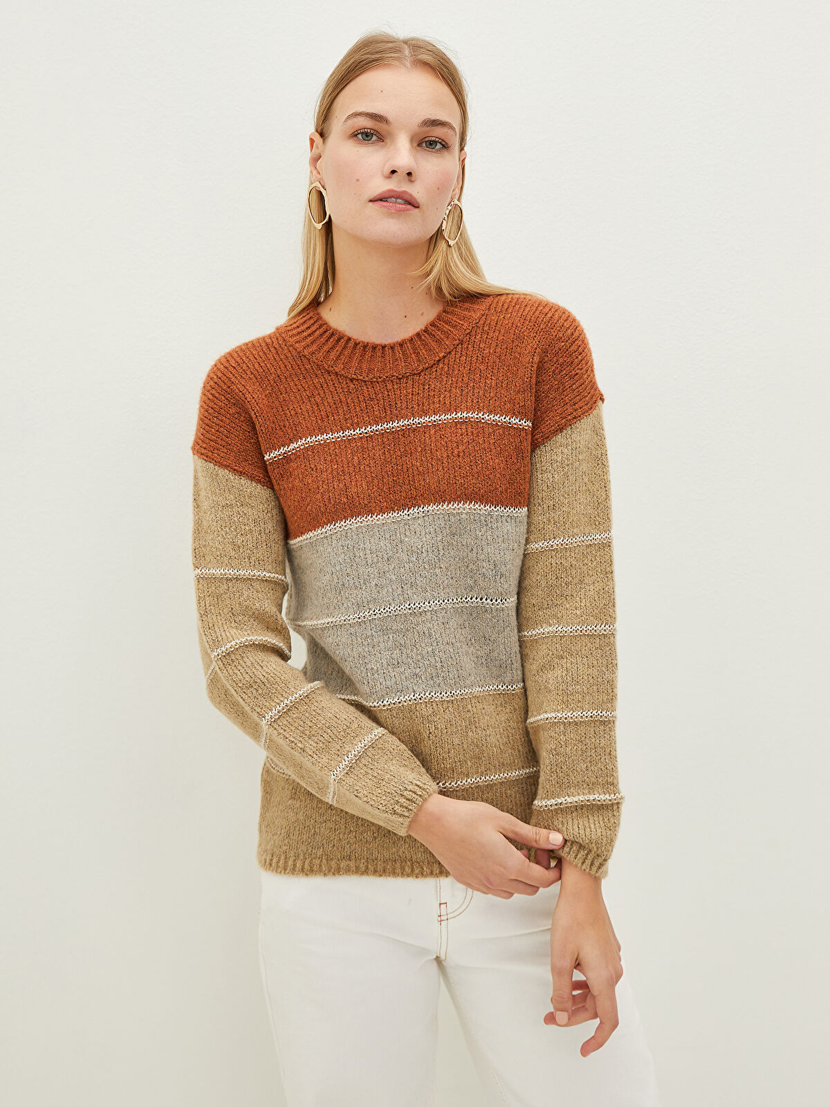 LCW CLASSIC Bisiklet Yaka Renk Bloklu Uzun Kollu Kadın Triko Kazak