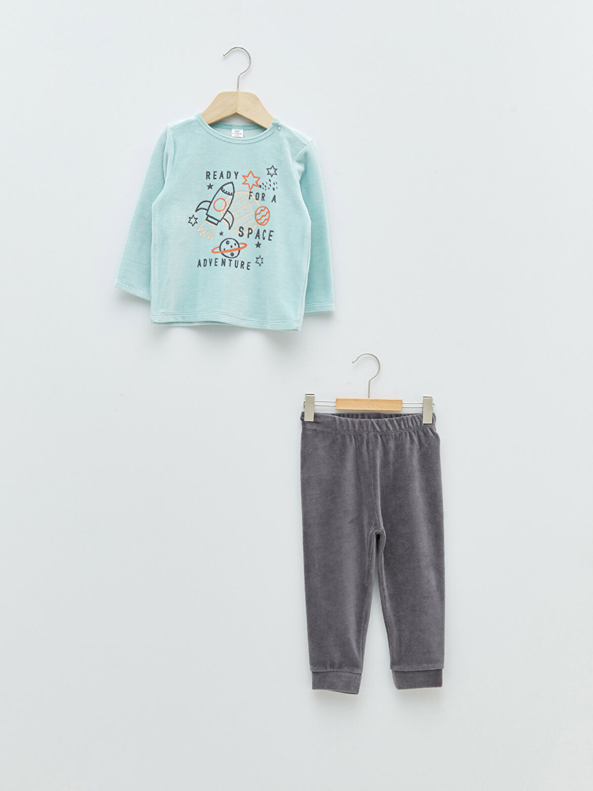 Bisiklet Yaka Uzun Kollu Baskılı Kadife Erkek Bebek Pijama Takımı