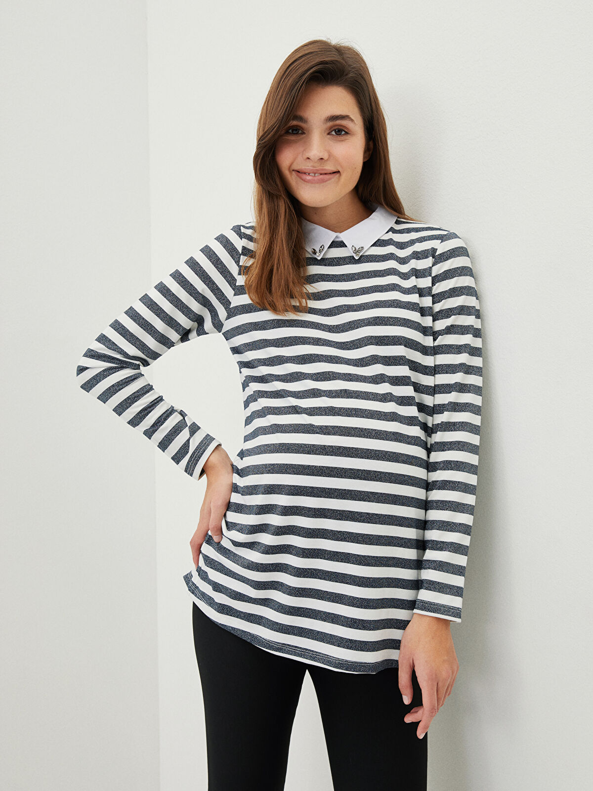 Gömlek Yaka Çizgili Uzun Kollu Hamile Bluz