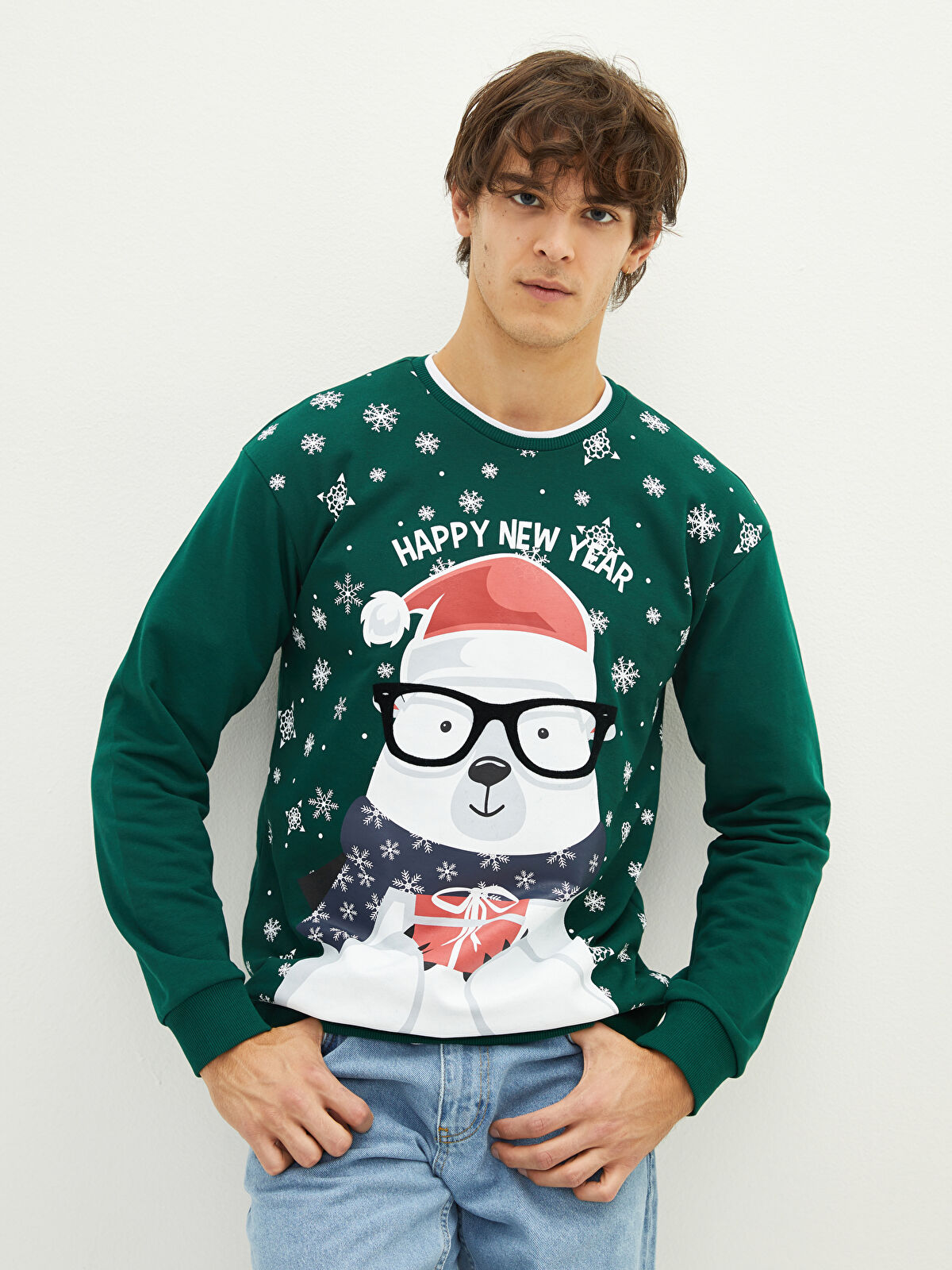 LCW CASUAL Bisiklet Yaka Yılbaşı Temalı Uzun Kollu Baskılı Erkek Sweatshirt Baba ve Oğul Kombini