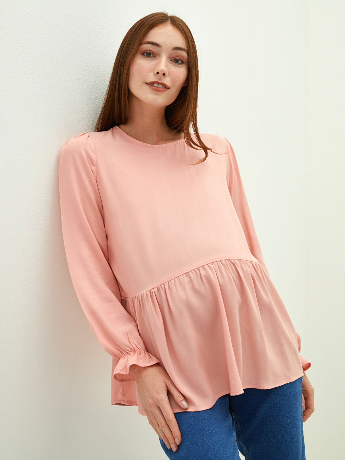 Bisiklet Yaka Düz Fırfır Detaylı Uzun Kollu Hamile Viskon Bluz Bisiklet Yaka Düz Fırfır Detaylı Uzun Kollu Hamile Viskon Bluz