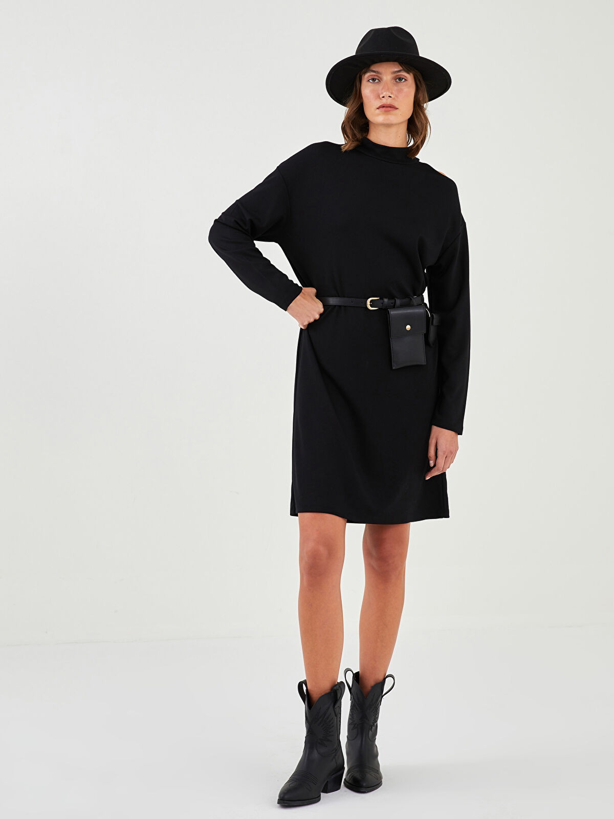 LCW CLASSIC Dik Yaka Düz Uzun Kollu Beli Kuşaklı Ponte Kumaş Kadın Elbise