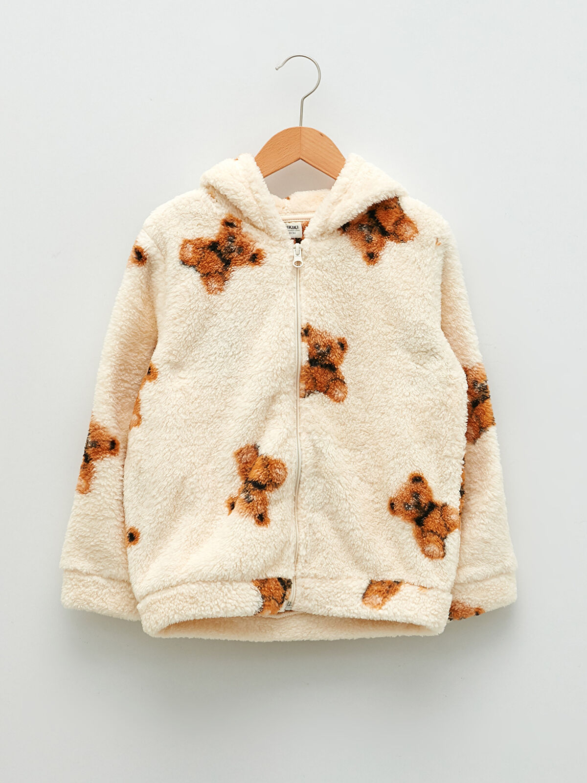 Kapüşonlu Desenli Uzun Kollu Pelüş Kız Çocuk Fermuarlı Sweatshirt