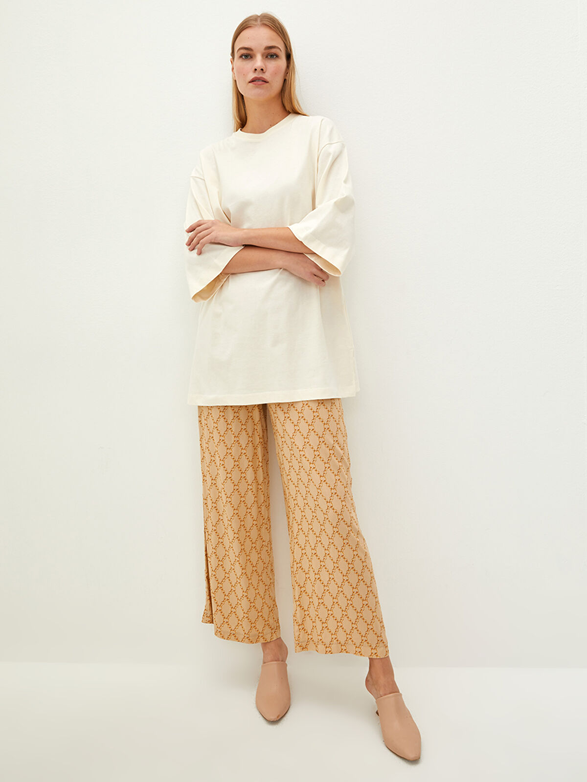 MODEST Beli Lastikli Desenli Geniş Paça Viskon Kadın Pantolon